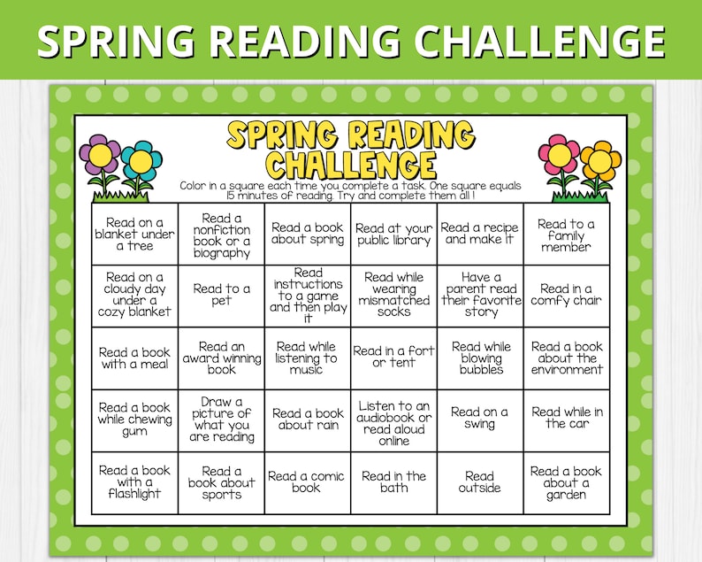 Spring Reading Challenge for Kids, Reading Printable Activities, Kids ...