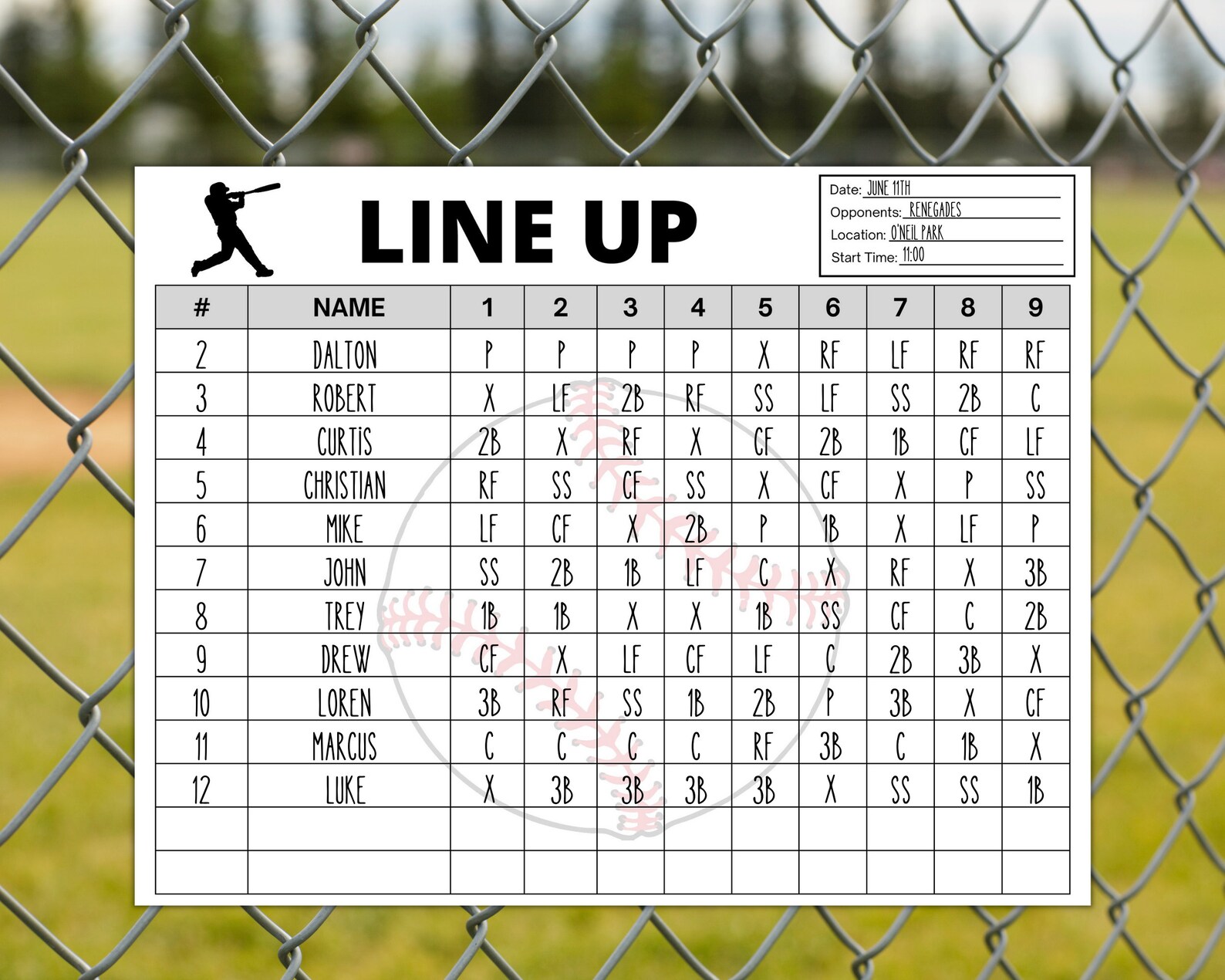 Baseball Line up Card Template Batting Line up Printable - Etsy