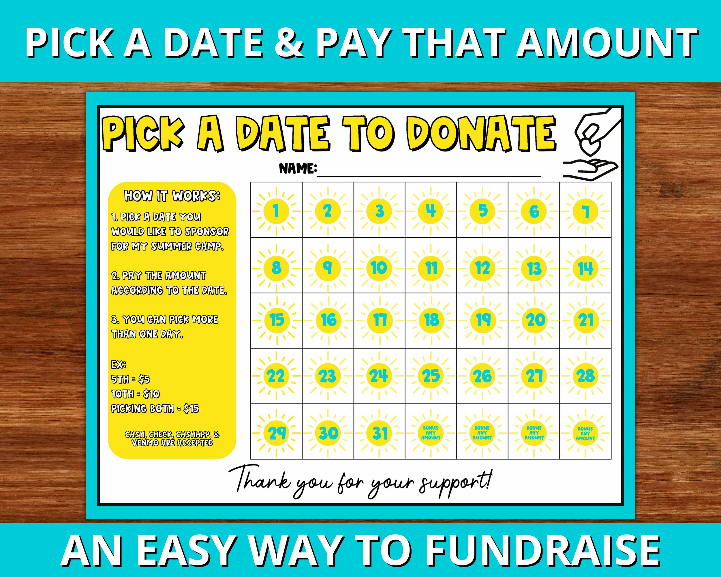 Summer Camp Calendar Fundraiser, Pick a Date to Donate Printable ...