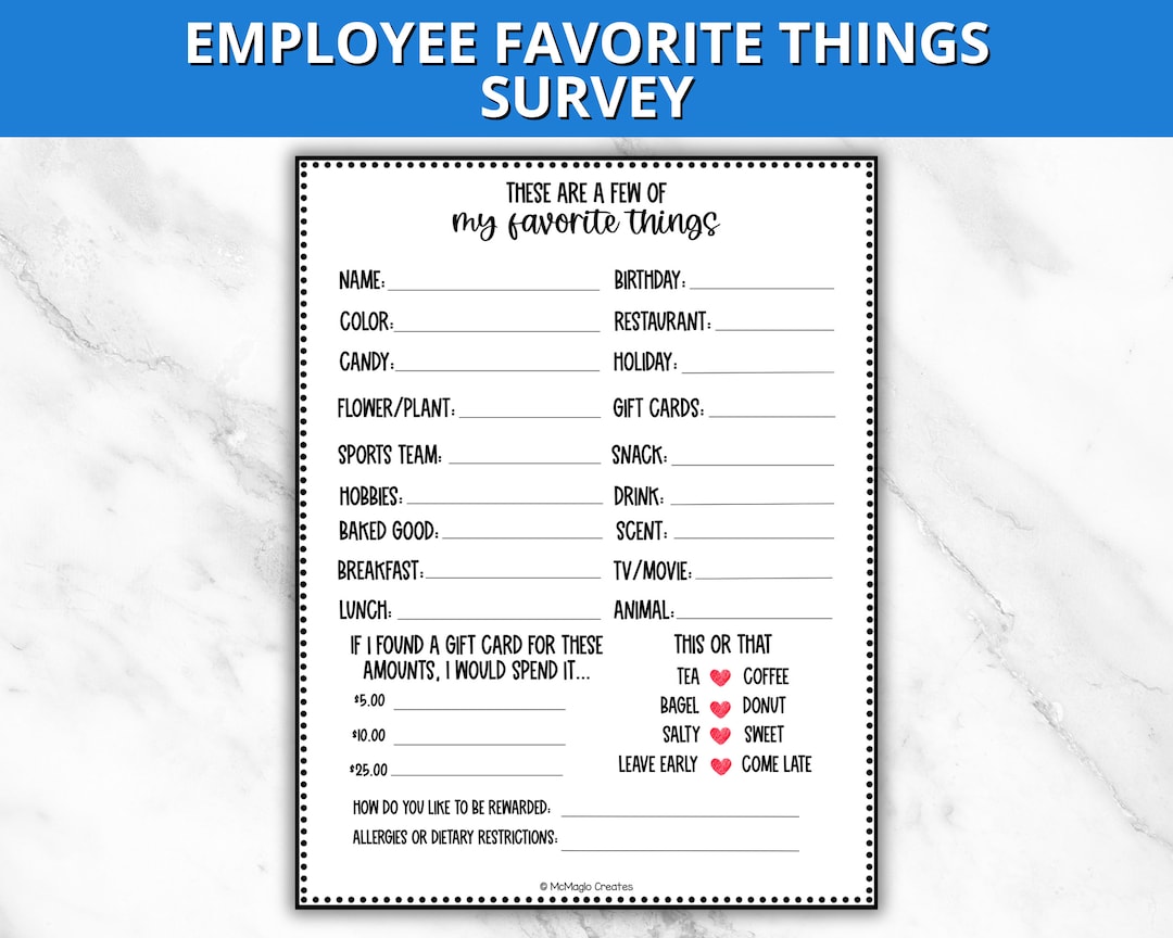 Employee Favorite Things Survey, Co-worker All About Me List, Employee ...