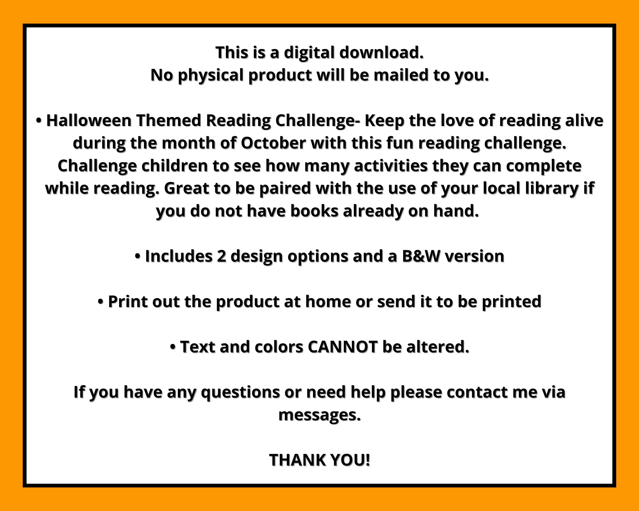 Halloween Reading Challenge for Kids, Printable Reading Challenge ...