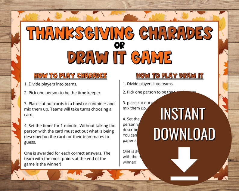 Thanksgiving Charades Printable Game Thanksgiving Draw It - Etsy