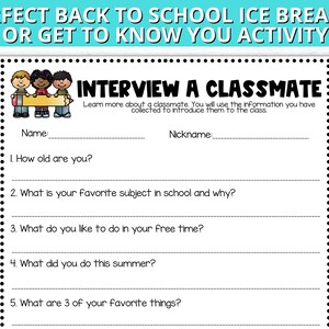 Back to School Interview a Classmate Activity, First Day of School Get ...