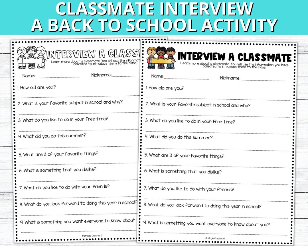 Back to School Interview a Classmate Activity, First Day of School Get ...