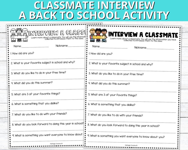 Back to School Interview a Classmate Activity, First Day of School Get ...