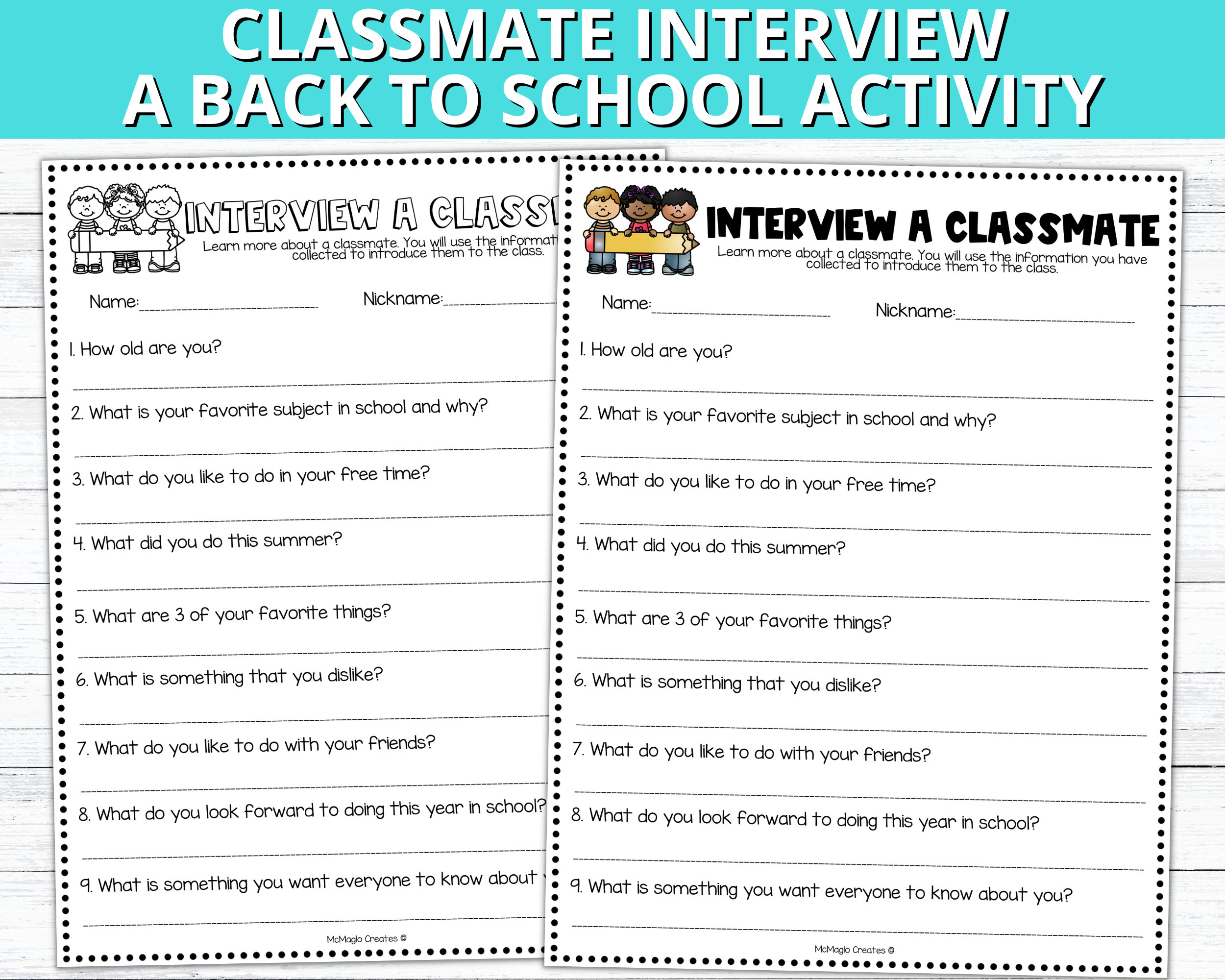 Back to School Interview a Classmate Activity, First Day of School Get ...