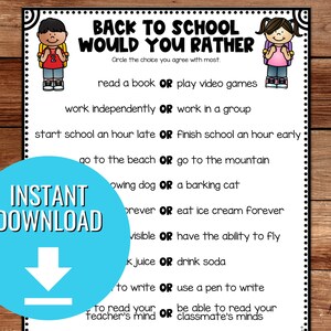 Would You Rather Back to School Activity, First Day of School Game ...