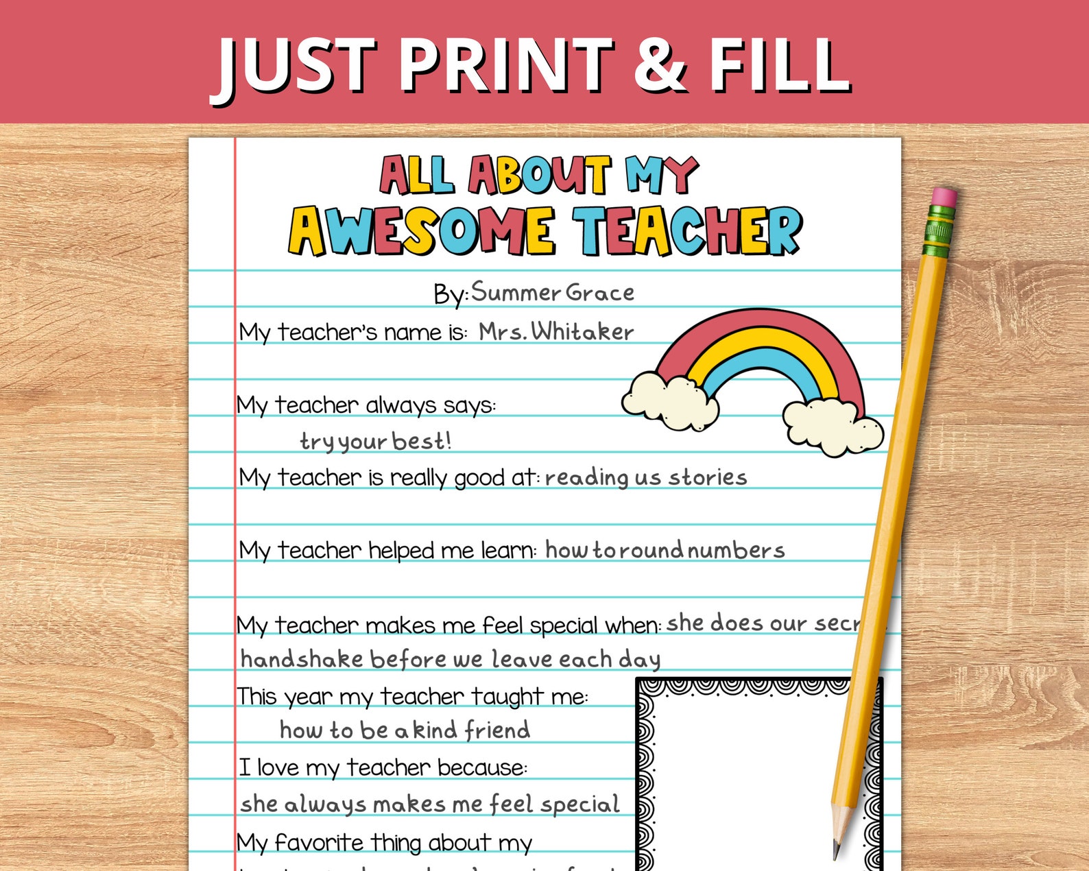 All About My Teacher Questionnaire, Teacher Appreciation Week Printable ...