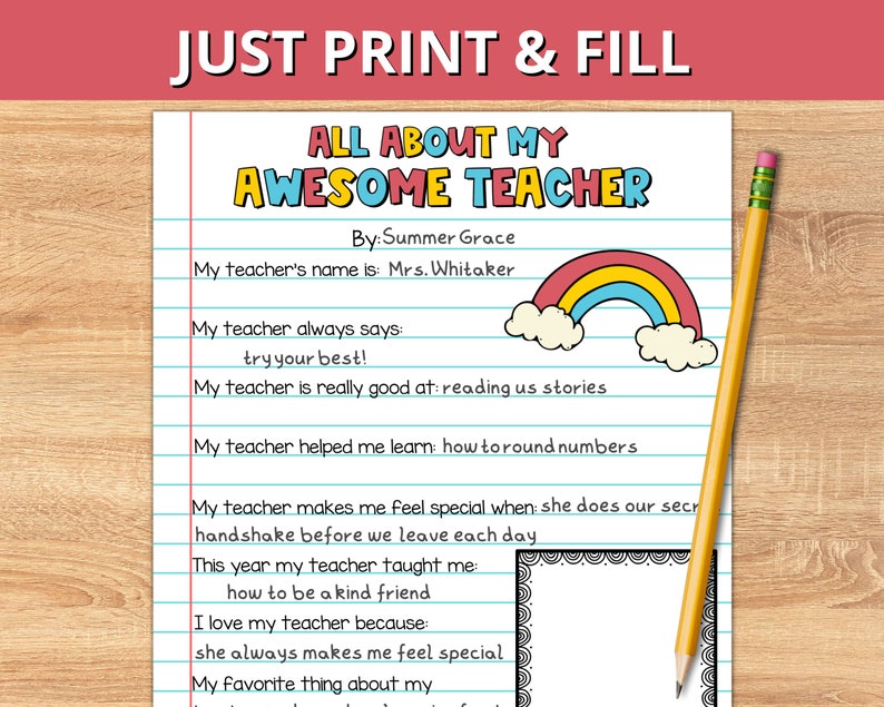 All About My Teacher Questionnaire, Teacher Appreciation Week Printable ...