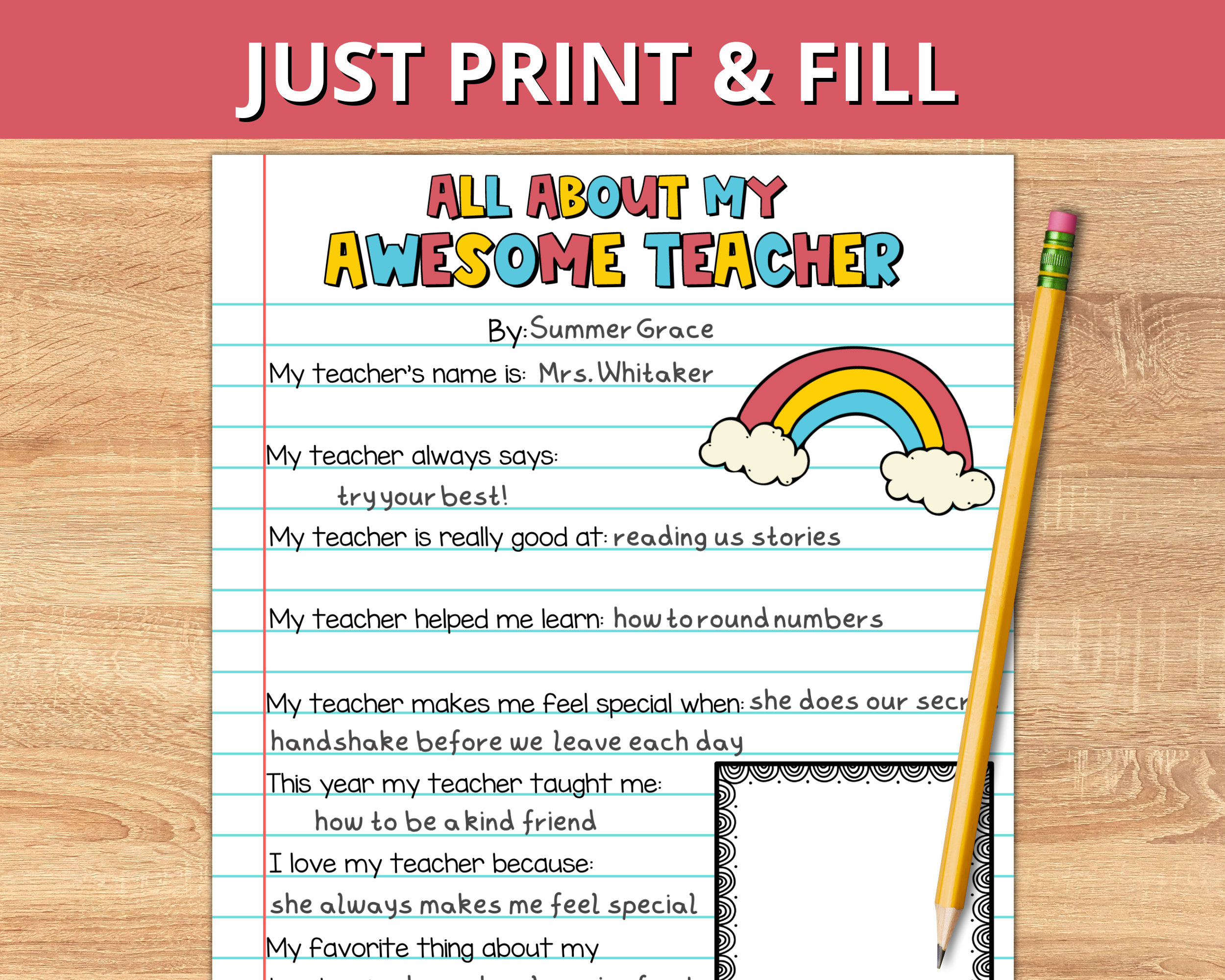 All About My Teacher Questionnaire, Teacher Appreciation Week Printable ...