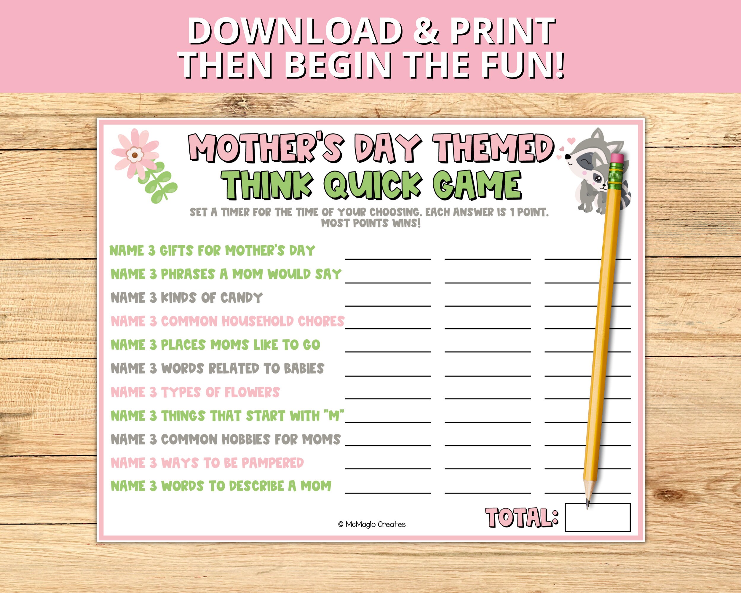 Mother's Day Themed Think Quick Game, Mother's Day Trivia Game, Mother ...