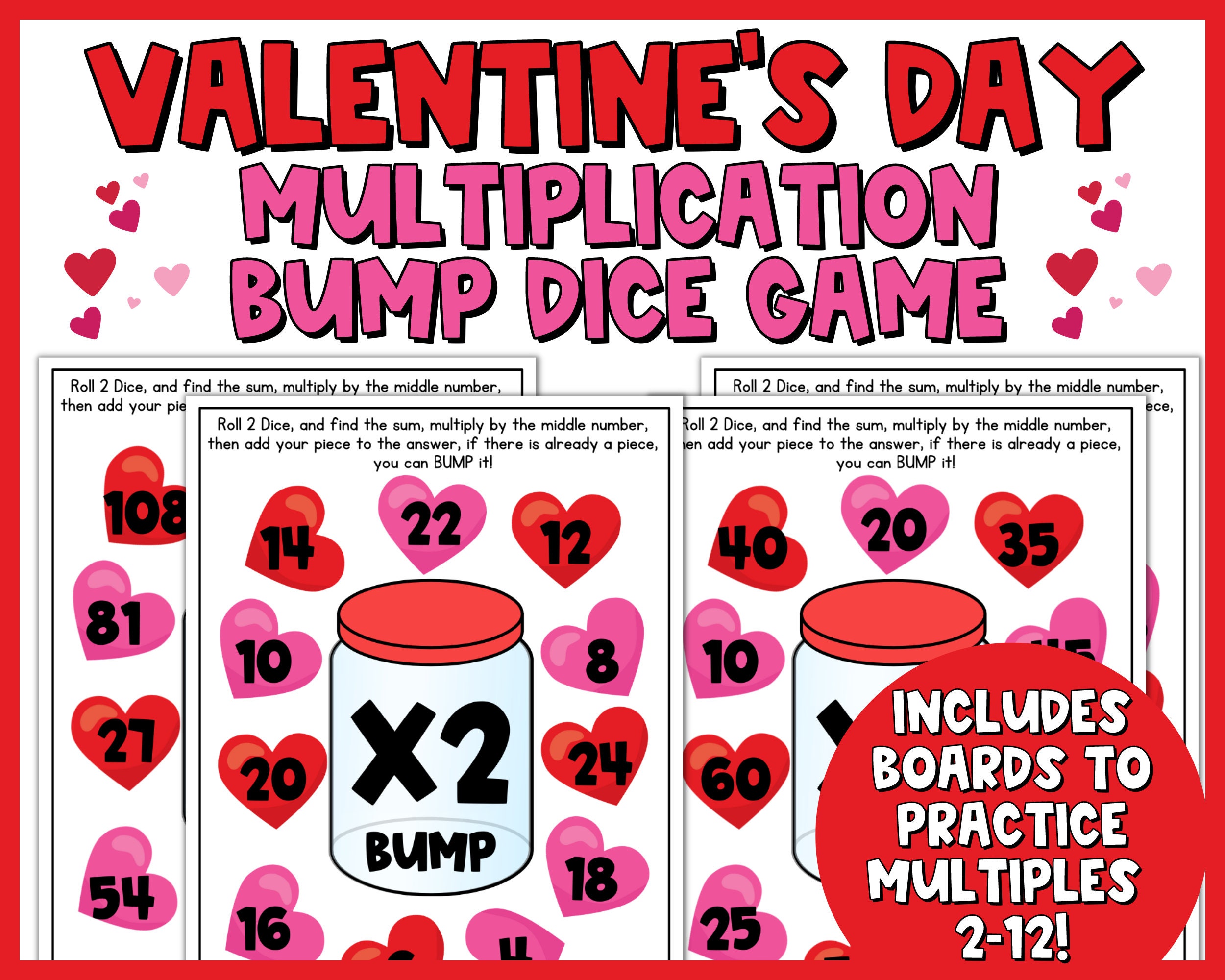 Valentine's Day Multiplication Bump Game, Valentine Classroom Activity ...