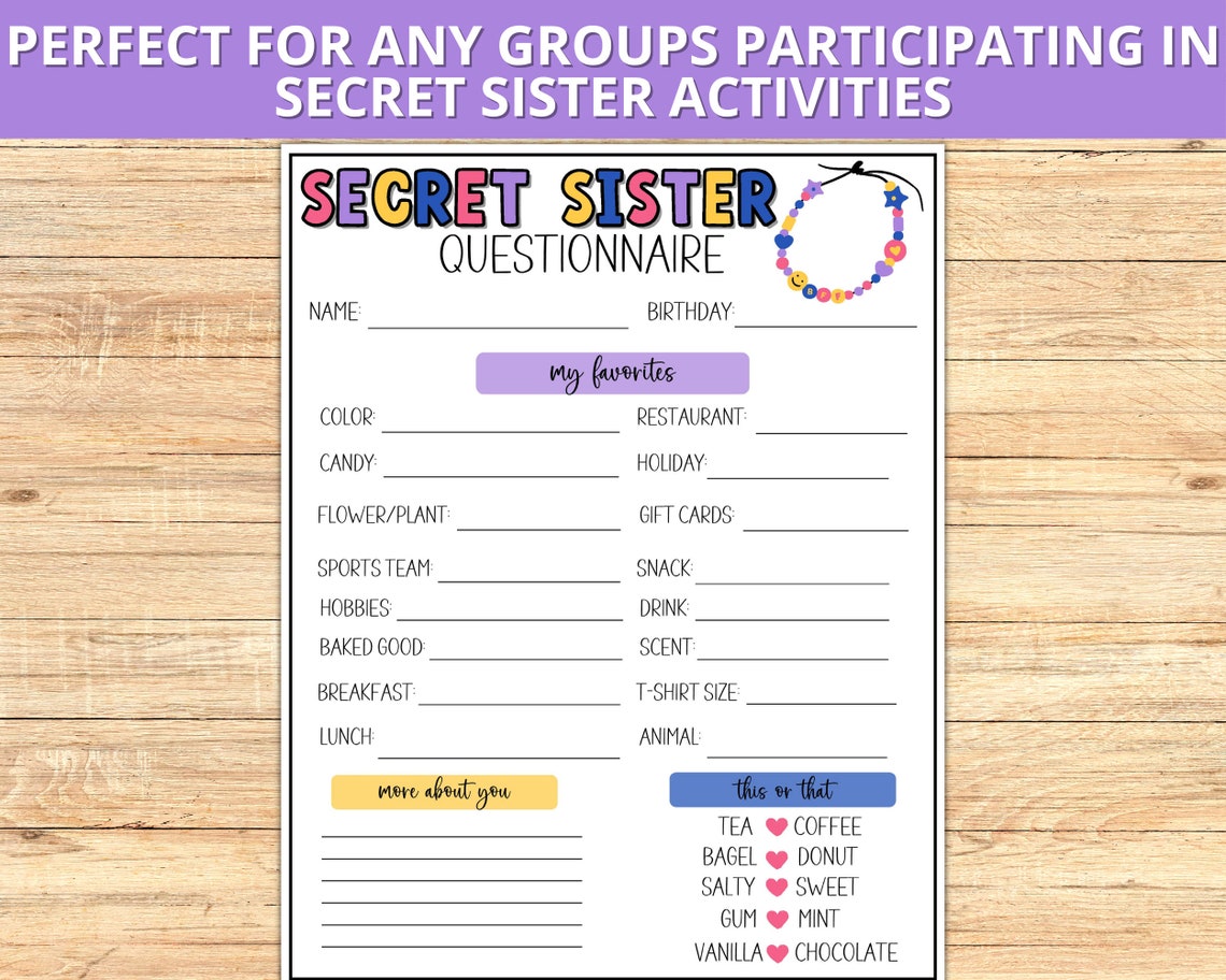 Secret Sister Questionnaire, Secret Sister Printable Survey, Gift ...