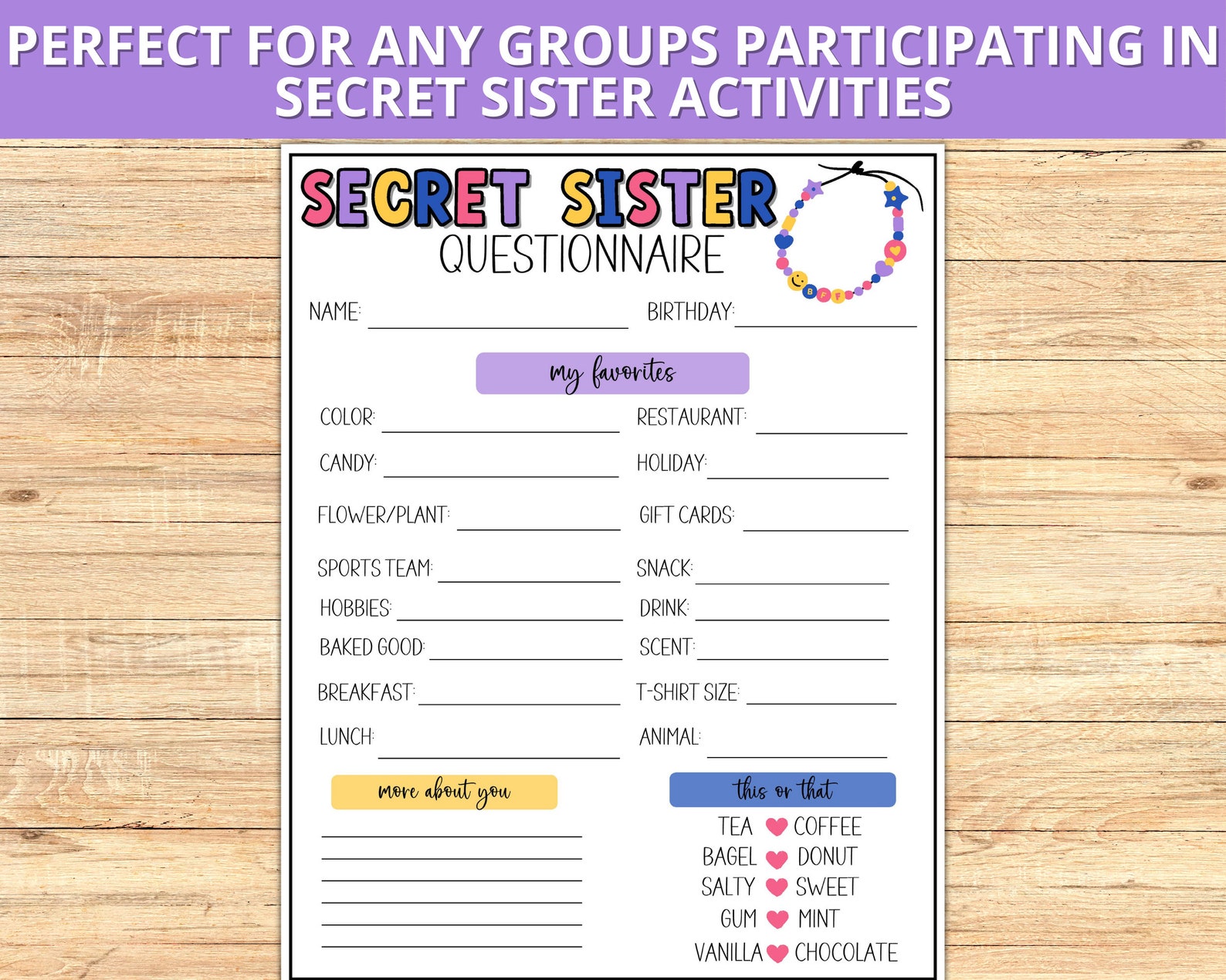 Secret Sister Questionnaire, Secret Sister Printable Survey, Gift ...