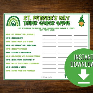 St. Patrick's Day Themed Think Quick Game, St. Patrick's Day Trivia ...