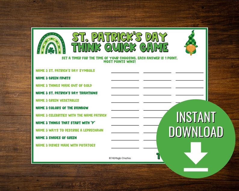 St. Patrick's Day Themed Think Quick Game, St. Patrick's Day Trivia ...