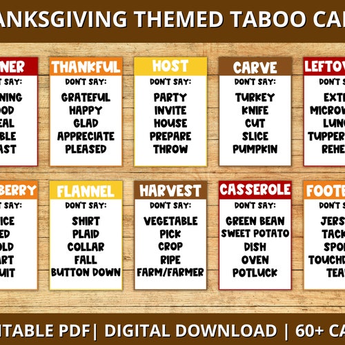 Thanksgiving Taboo Game Cards Party Game Printable - Etsy