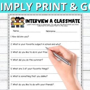 Back to School Interview a Classmate Activity, First Day of School Get ...