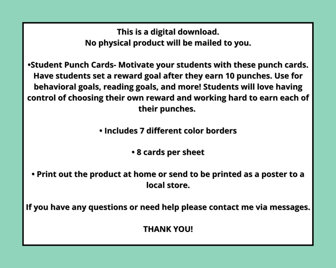 Classroom Reward Punch Cards Student Punch Cards Classroom - Etsy