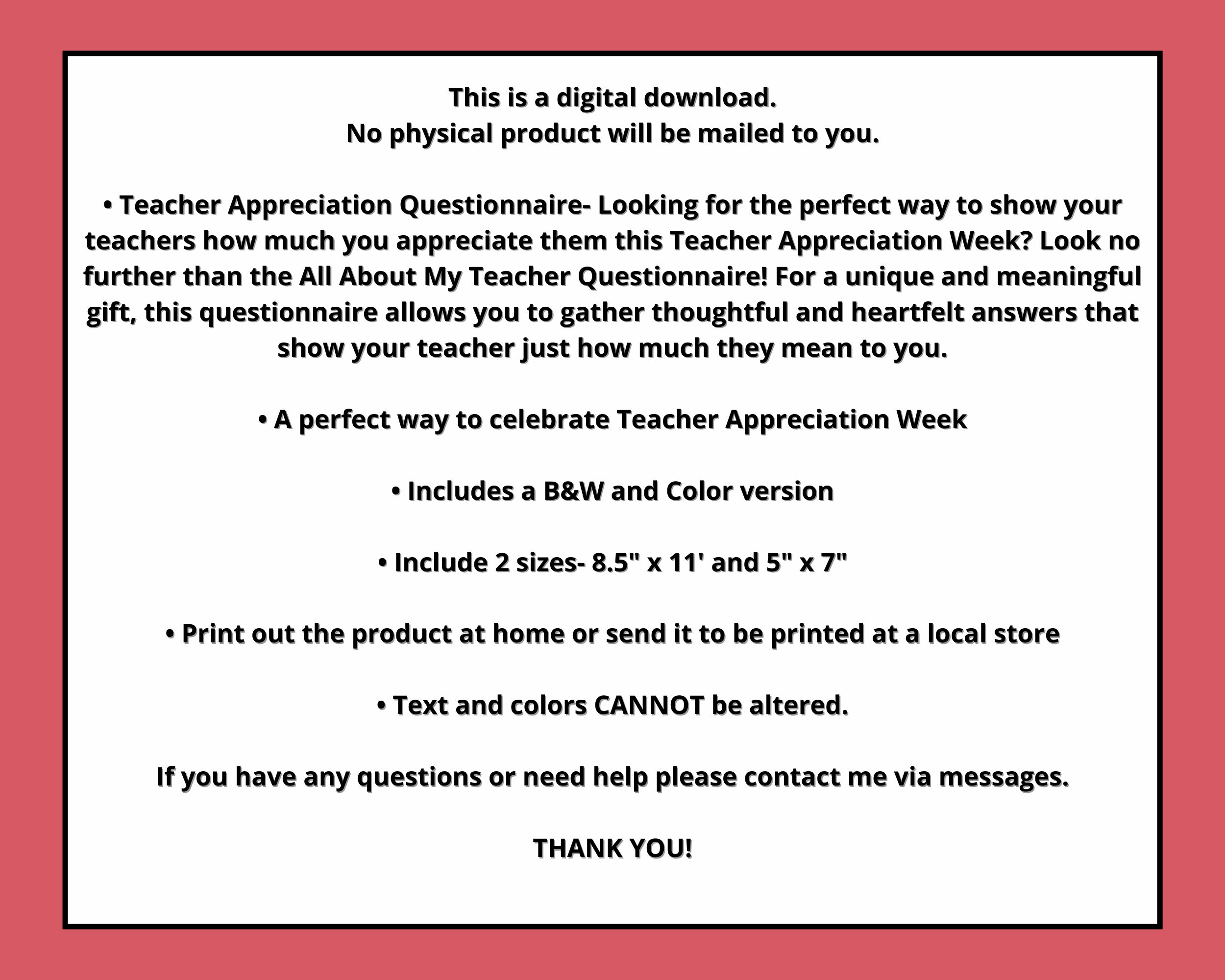 All About My Teacher Questionnaire, Teacher Appreciation Week Printable ...