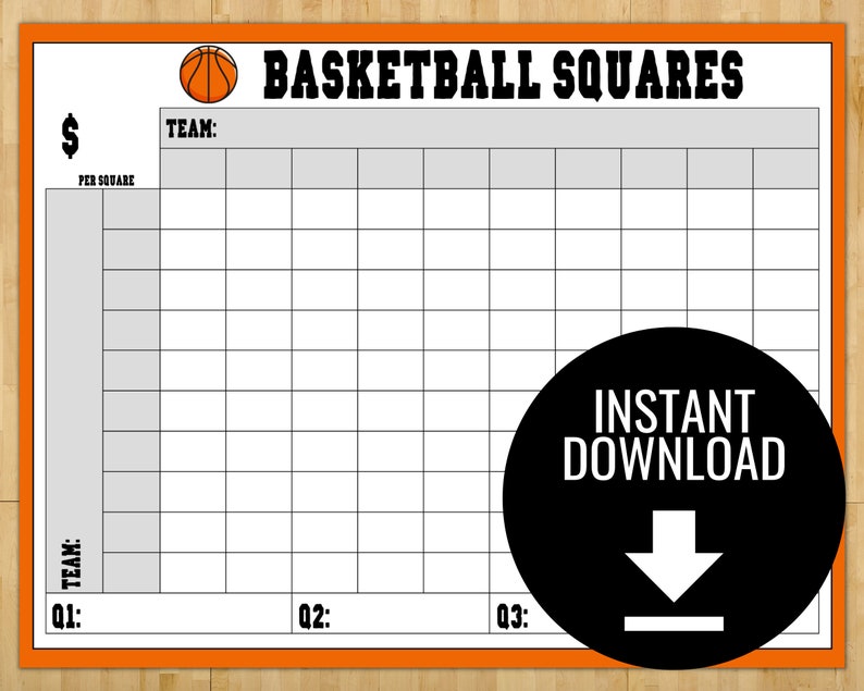Printable Basketball Squares Game, Basketball Pool Grid, 100 Squares ...