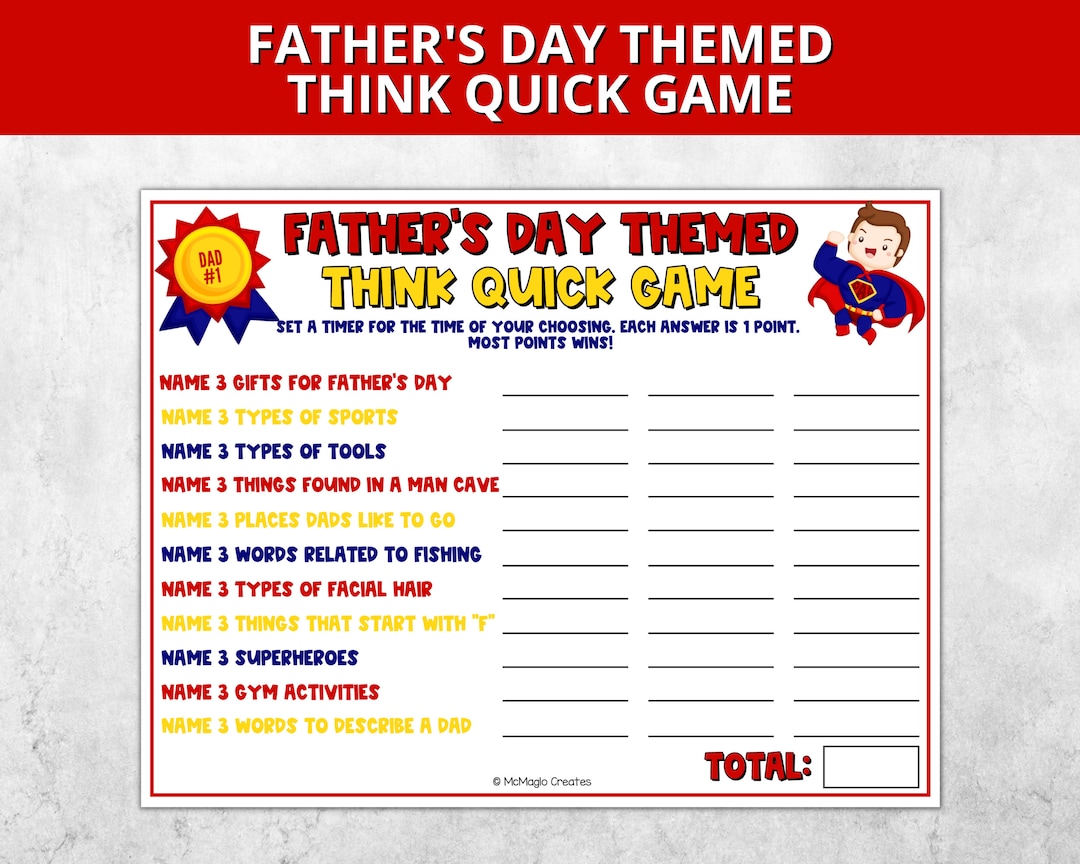 Father's Day Themed Think Quick Game, Father's Day Trivia Game, Family ...