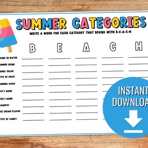 Summer Categories Game, Printable Summer Game for Kids & Adults, Summer ...