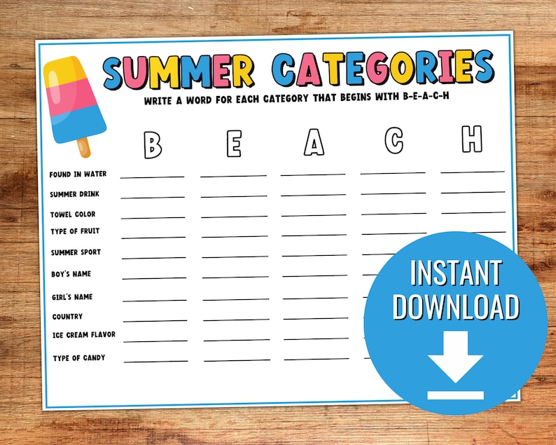 Summer Categories Game Printable Summer Game for Kids & - Etsy
