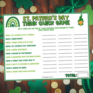 St. Patrick's Day Themed Think Quick Game, St. Patrick's Day Trivia ...