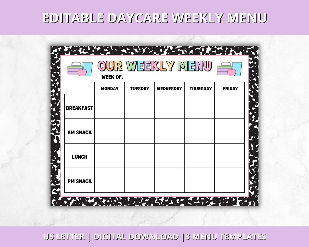Daycare Lunch Menu, Editable Daycare Weekly Menu, Rainbow Pastel ...