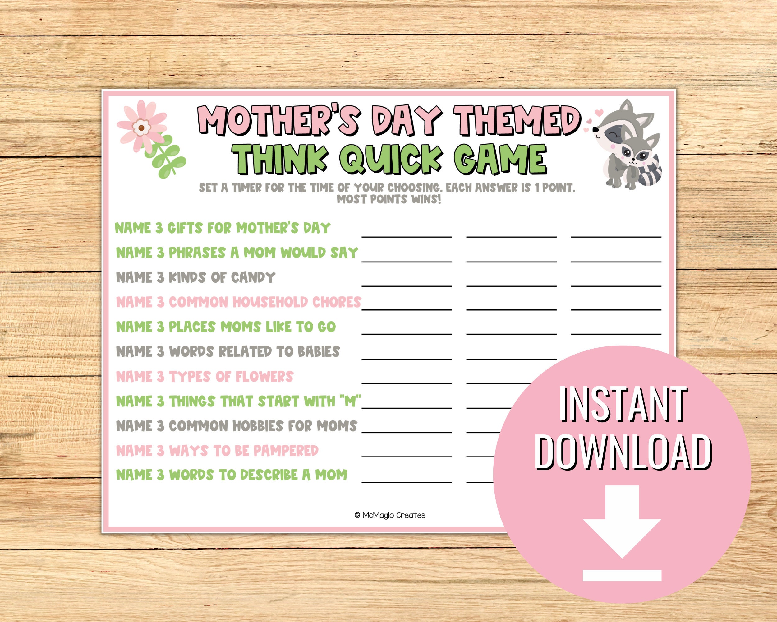 Mother's Day Themed Think Quick Game, Mother's Day Trivia Game, Mother ...