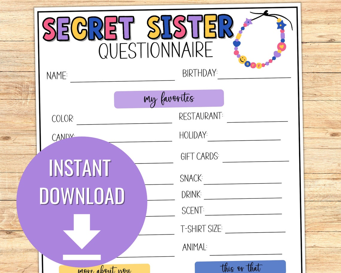 Secret Sister Questionnaire, Secret Sister Printable Survey, Gift ...