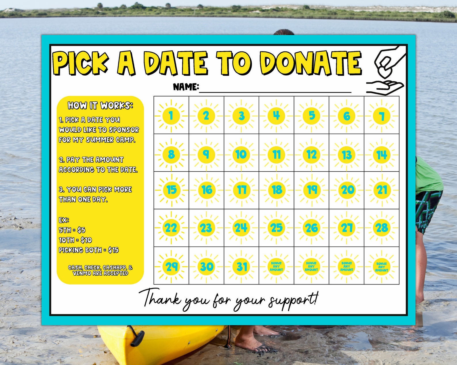 Summer Camp Calendar Fundraiser, Pick a Date to Donate Printable ...
