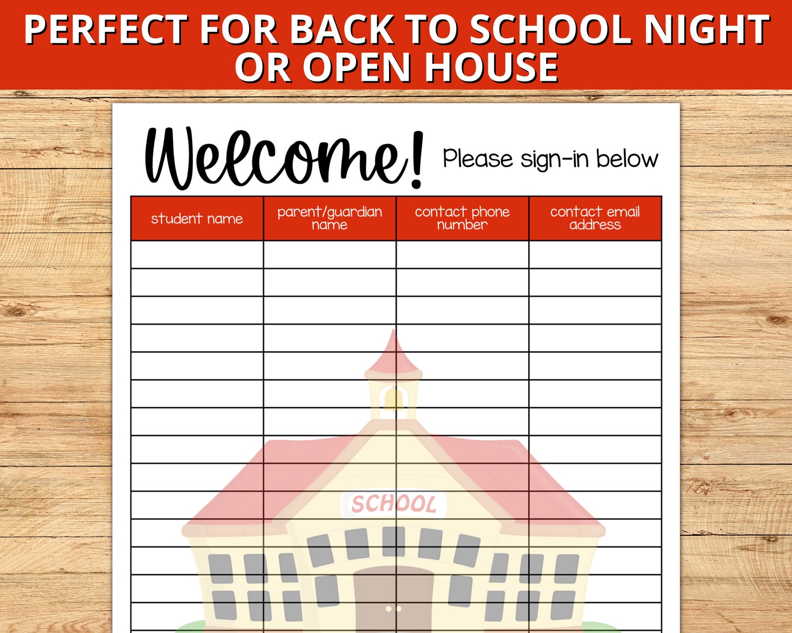 Back to School Open House Sign in Sheet, Classroom Sign in Sheet ...