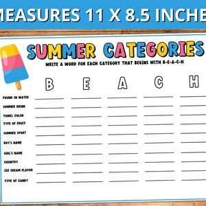 Summer Categories Game, Printable Summer Game for Kids & Adults, Summer ...