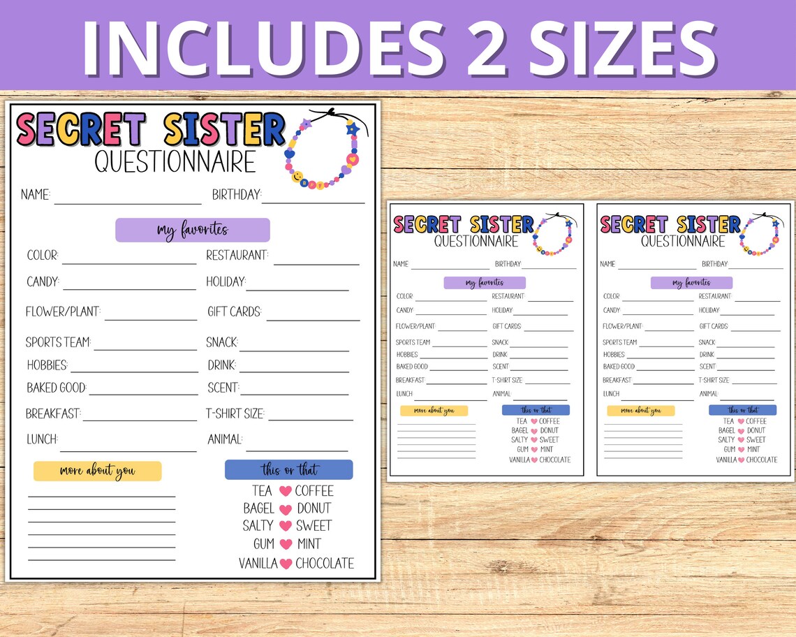 Secret Sister Questionnaire, Secret Sister Printable Survey, Gift ...