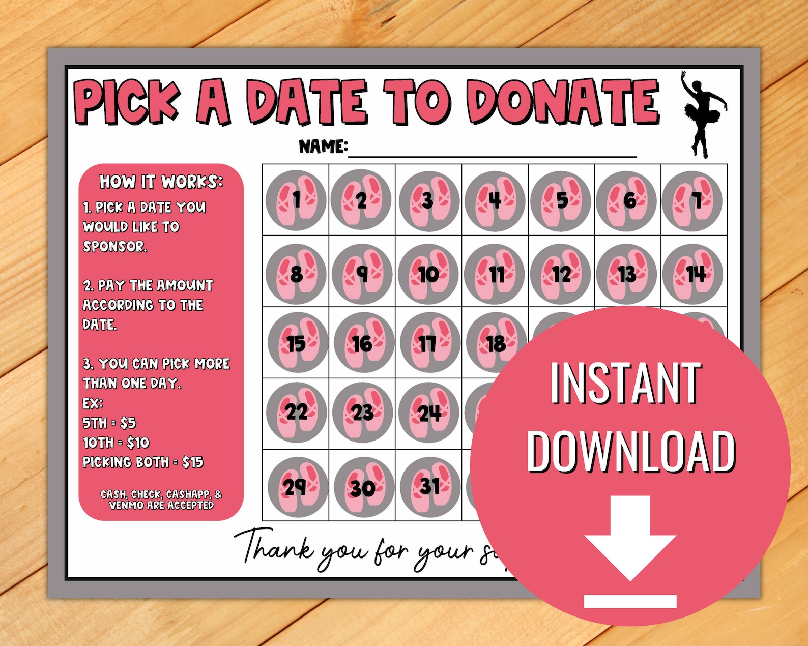 Dance Calendar Fundraiser, Pick a Date to Donate Printable, Dance ...