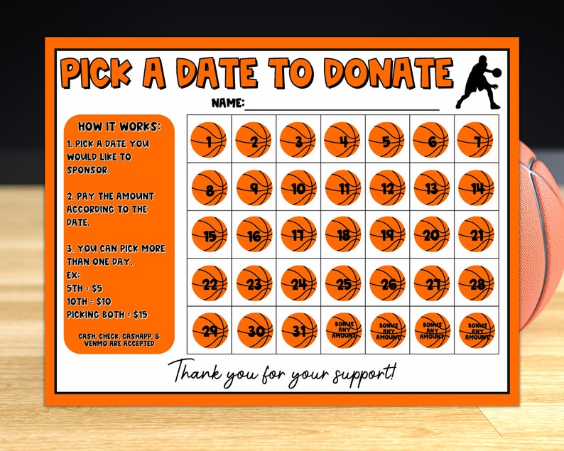 Basketball Calendar Fundraiser, Pick a Date to Donate Printable ...