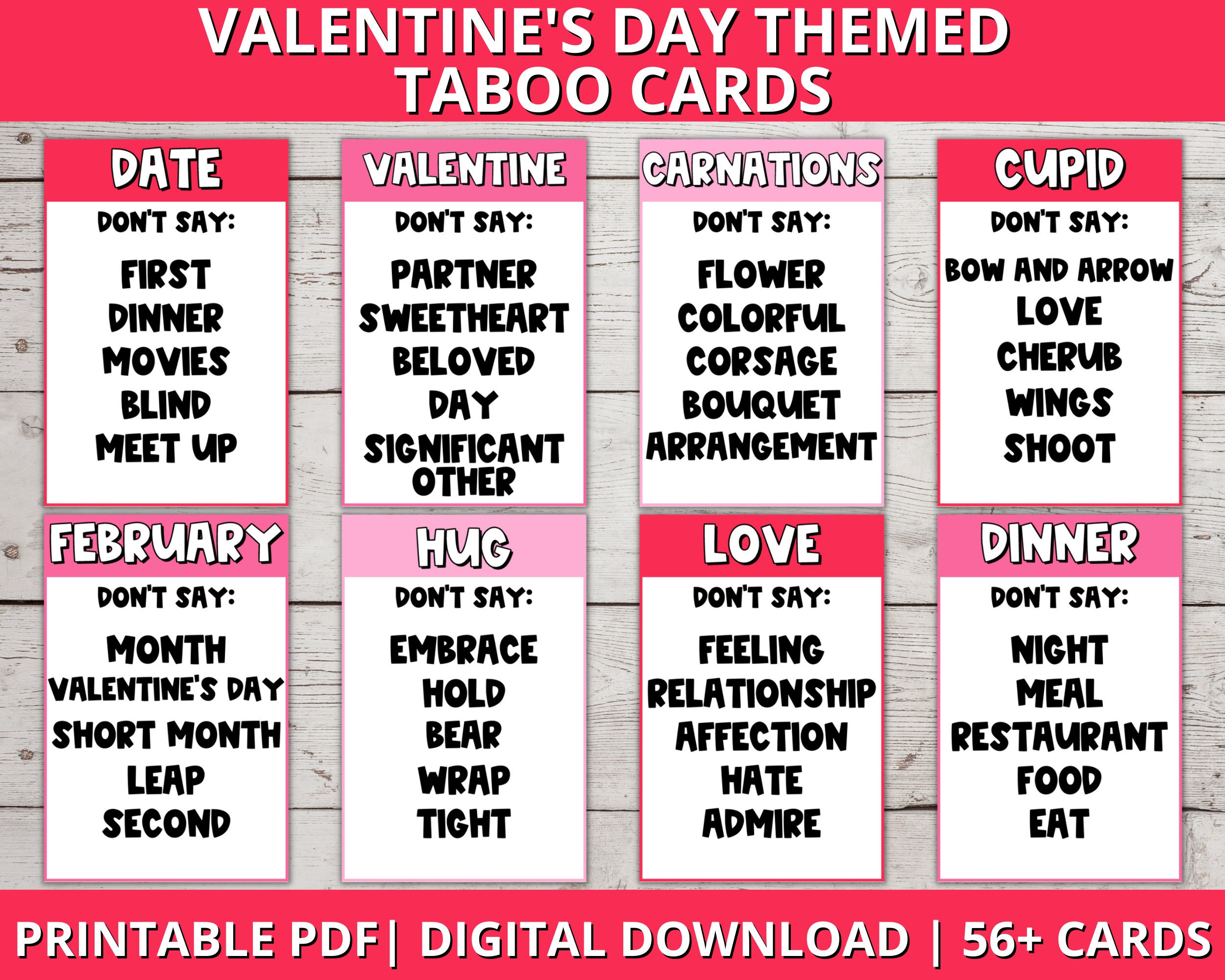 Valentine's Day Themed Taboo Game Cards Valentine's - Etsy