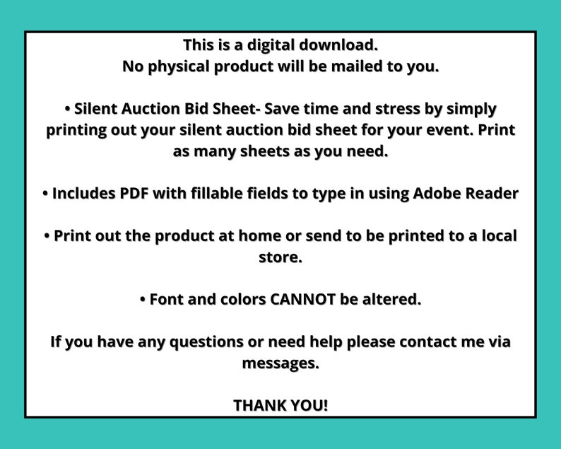 Silent Auction Bid Sheet, Editable Silent Auction Form, Silent Auction ...