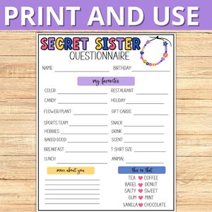 Secret Sister Questionnaire, Secret Sister Printable Survey, Gift ...