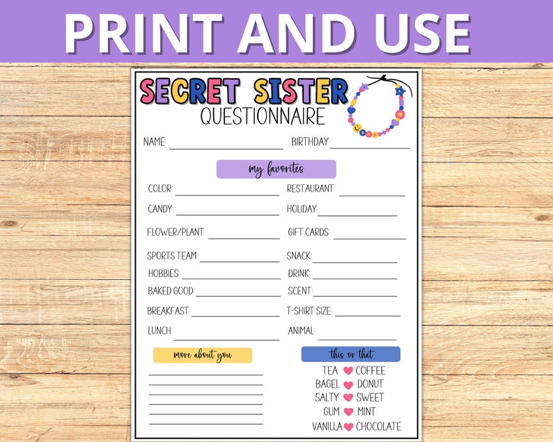 Secret Sister Questionnaire, Secret Sister Printable Survey, Gift ...