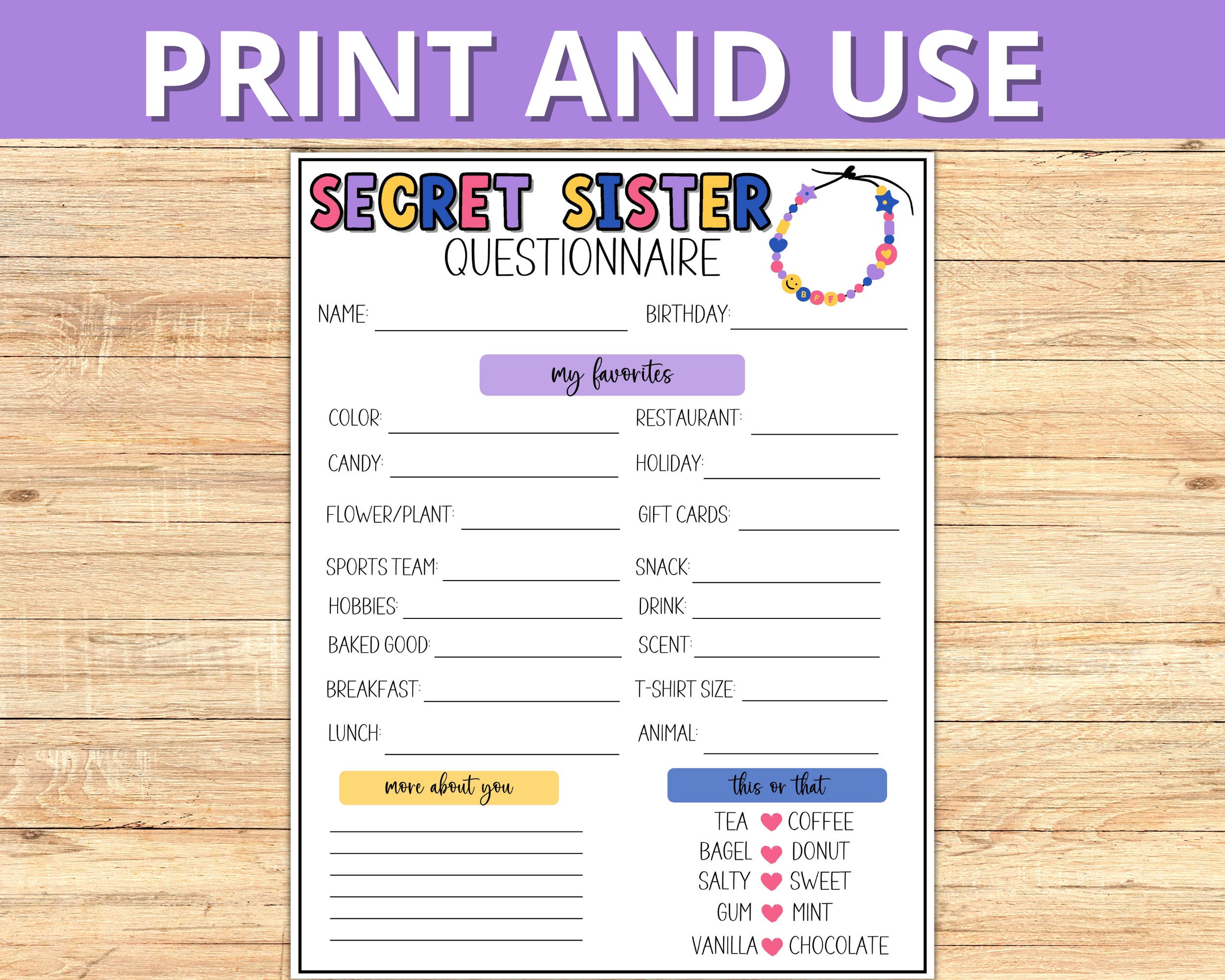 Secret Sister Questionnaire, Secret Sister Printable Survey, Gift ...