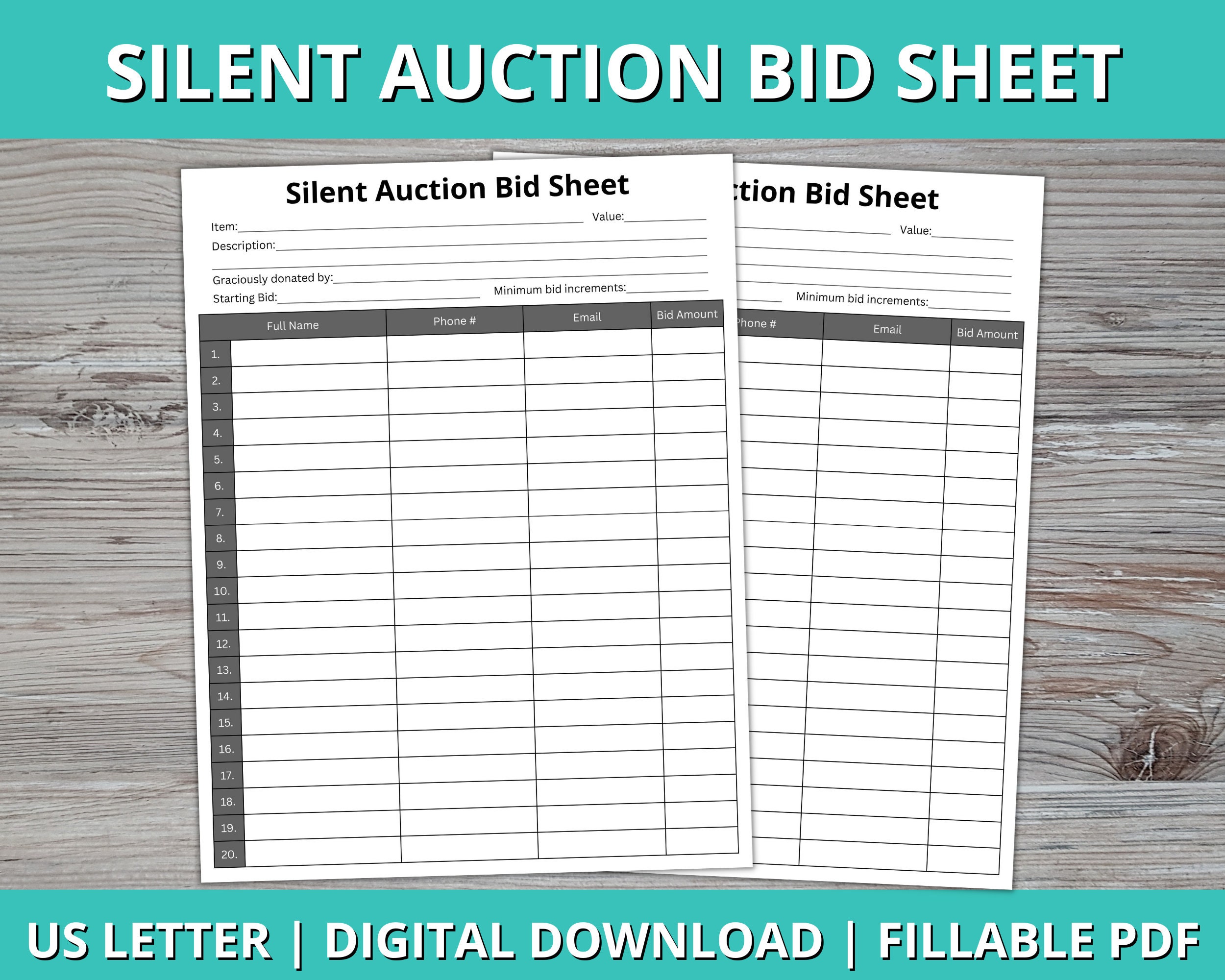 Silent Auction Bid Sheet, Editable Silent Auction Form, Silent Auction ...
