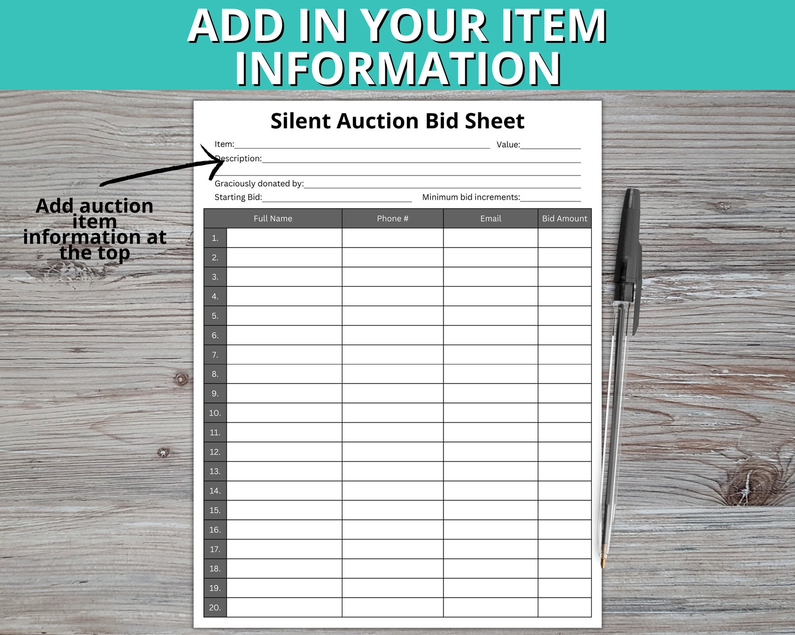 Silent Auction Bid Sheet, Editable Silent Auction Form, Silent Auction ...
