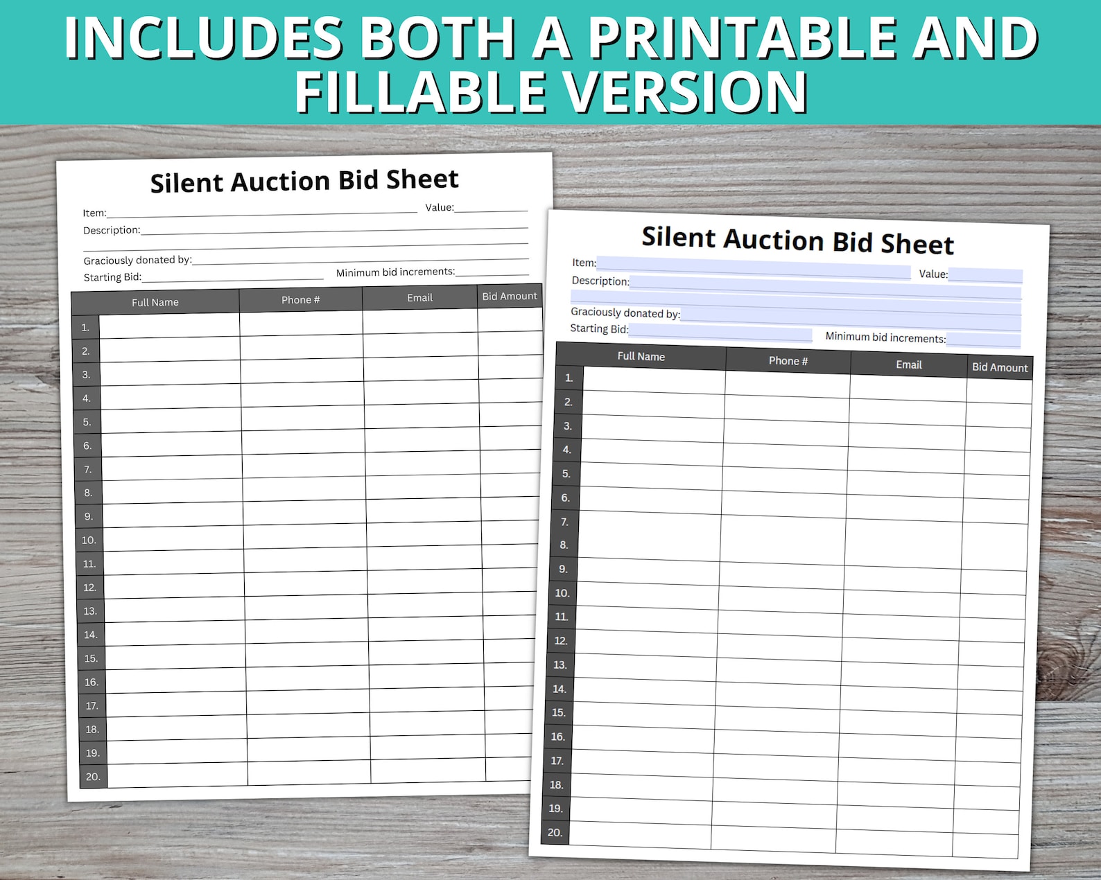 Silent Auction Bid Sheet, Editable Silent Auction Form, Silent Auction ...