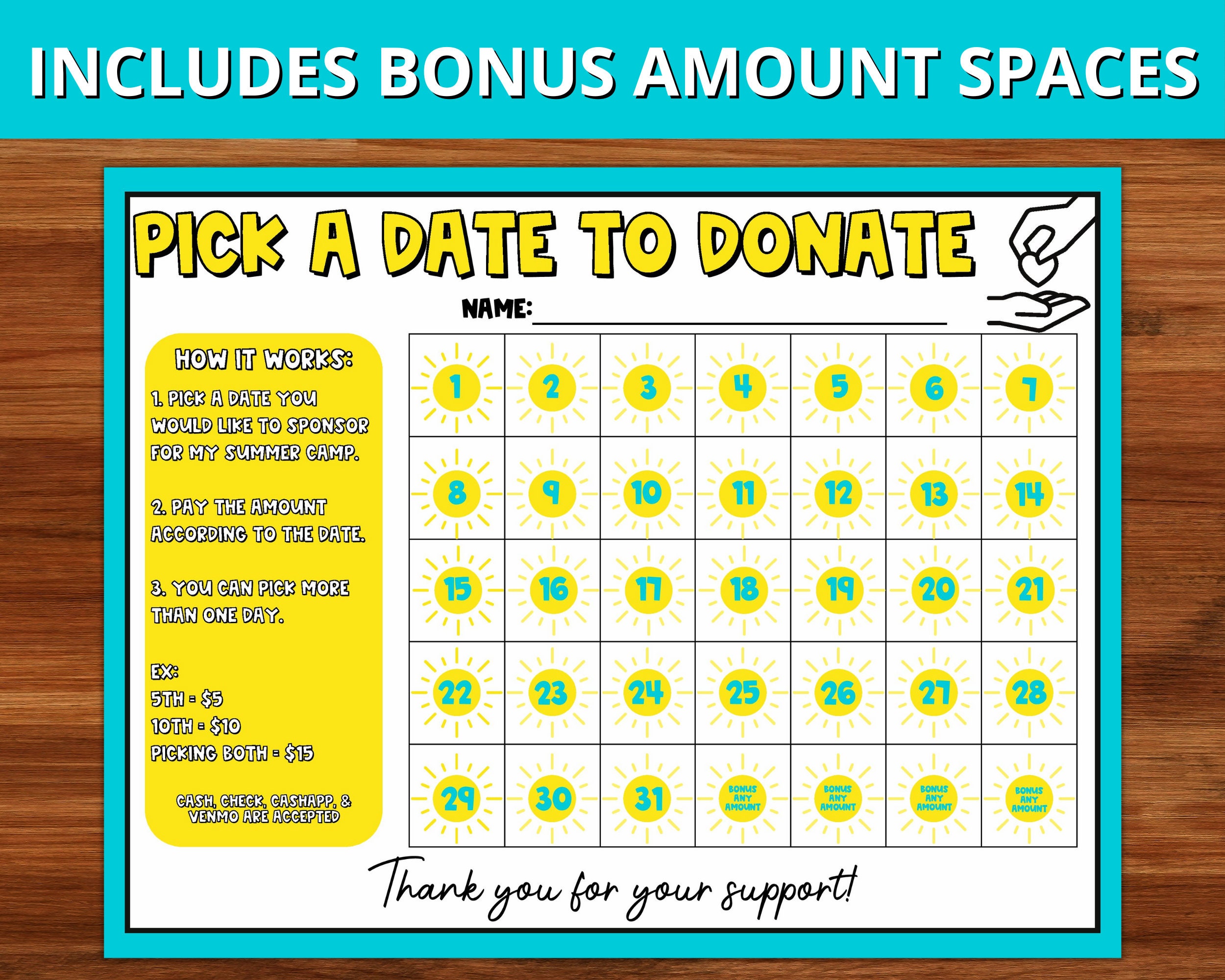 Summer Camp Calendar Fundraiser, Pick a Date to Donate Printable ...