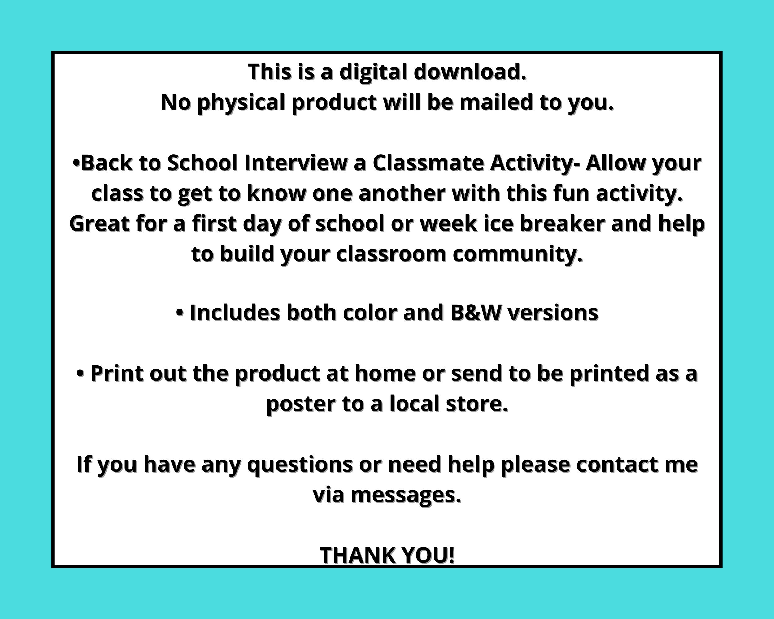 Back to School Interview a Classmate Activity, First Day of School Get ...