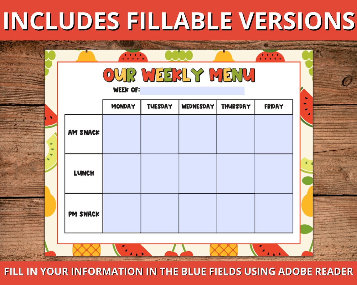 Editable Daycare Weekly Menu, Editable Daycare Menu, Fillable Daycare ...