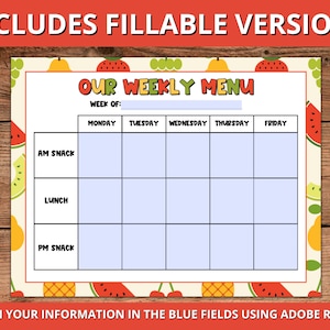 Editable Daycare Weekly Menu, Editable Daycare Menu, Fillable Daycare ...
